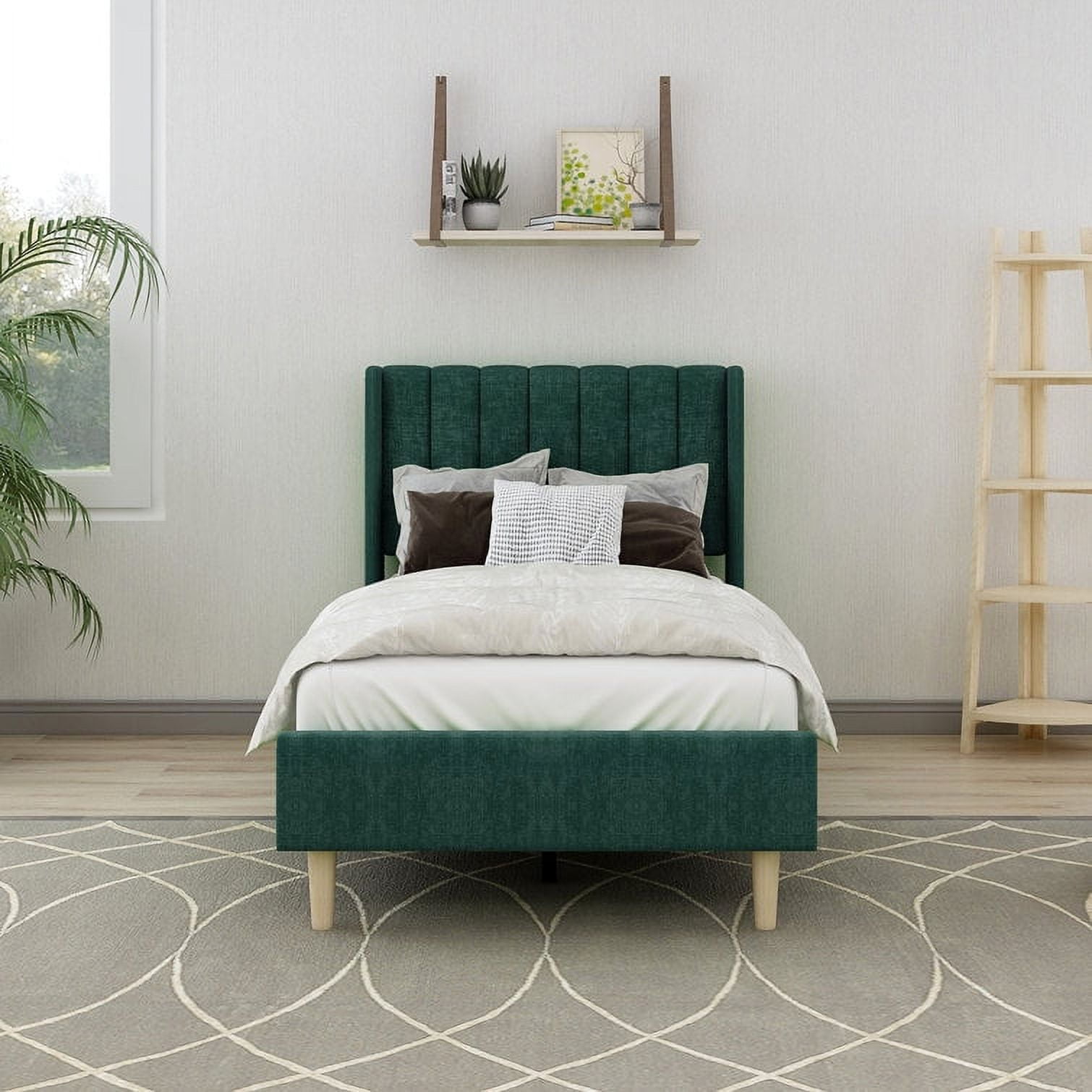 Tslinn Twin Size Low Profile Upholstered Platform Bed in Ink Green ...