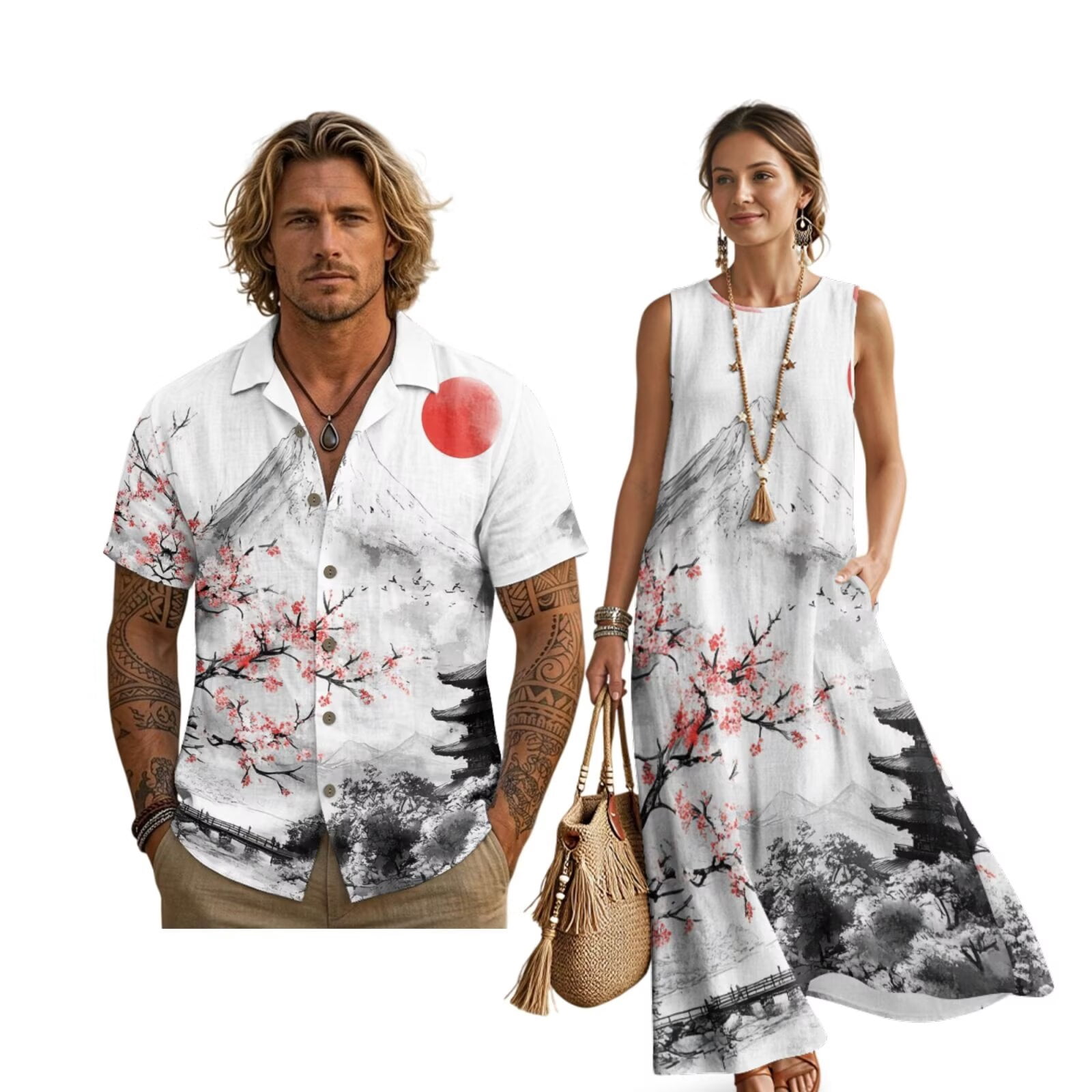 Tsovthrid Ink-Wash Cherry Blossom Mountain Print Linen-Like Couple ...
