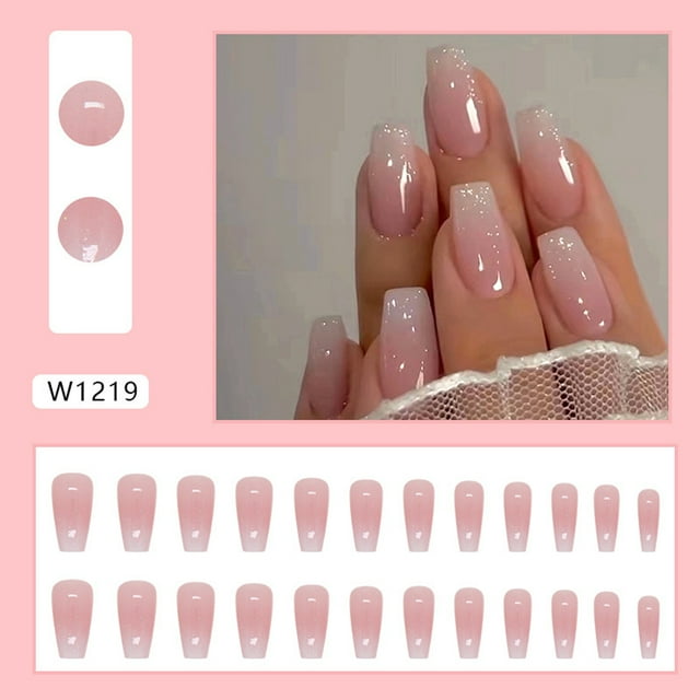 Tsseiatte 24 Pcs Gradient Pink Press on Nails Glitter Medium Length ...