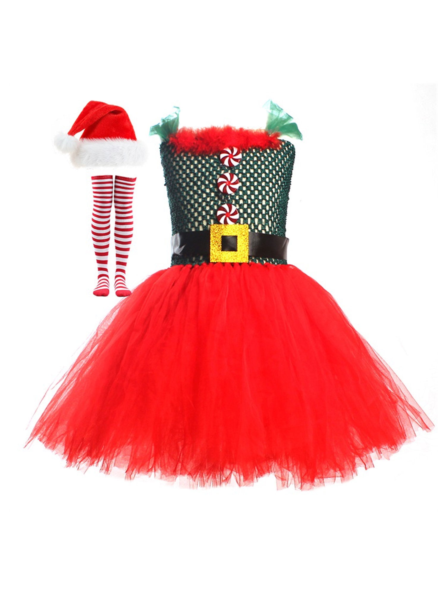 Tsseiatte Girls Elf Costume Cosplay Tulle Dress with Santa Hat/Headband ...