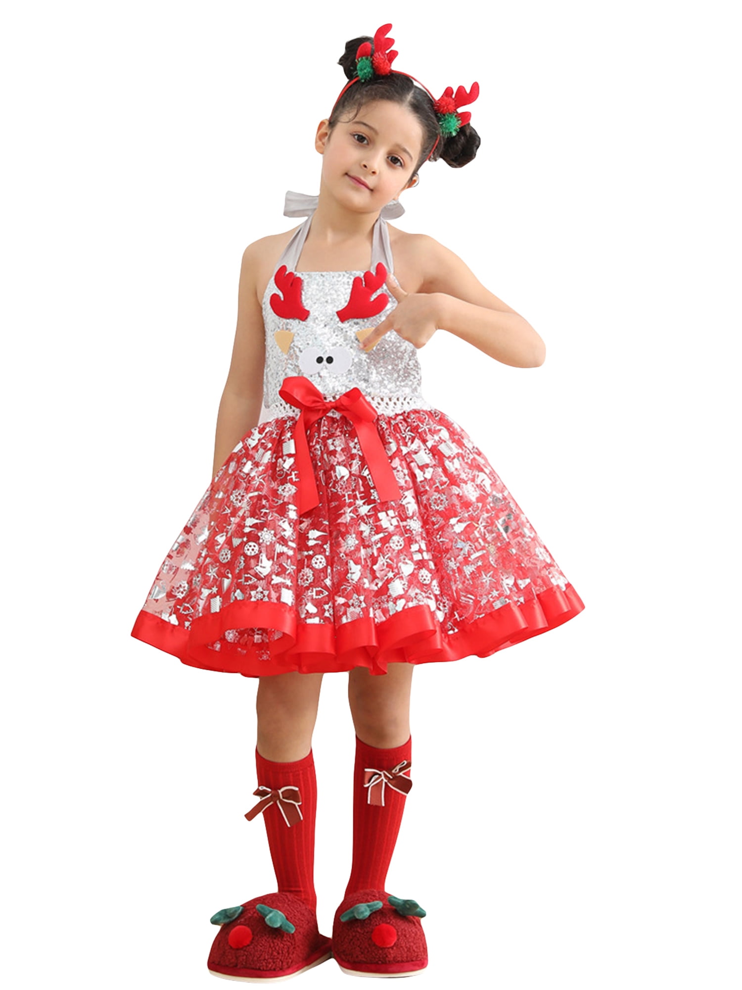 Tsseiatte Kids Girls Christmas Costume Cute Reindeer Mesh Dress and ...