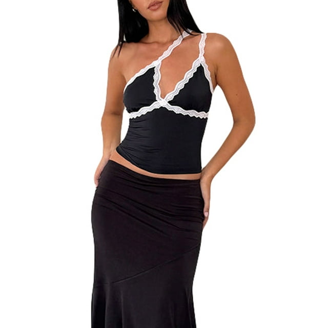 Tsseiatte Women Camisole Sleeveless Asymmetric Lace Trim Top Slim Fit
