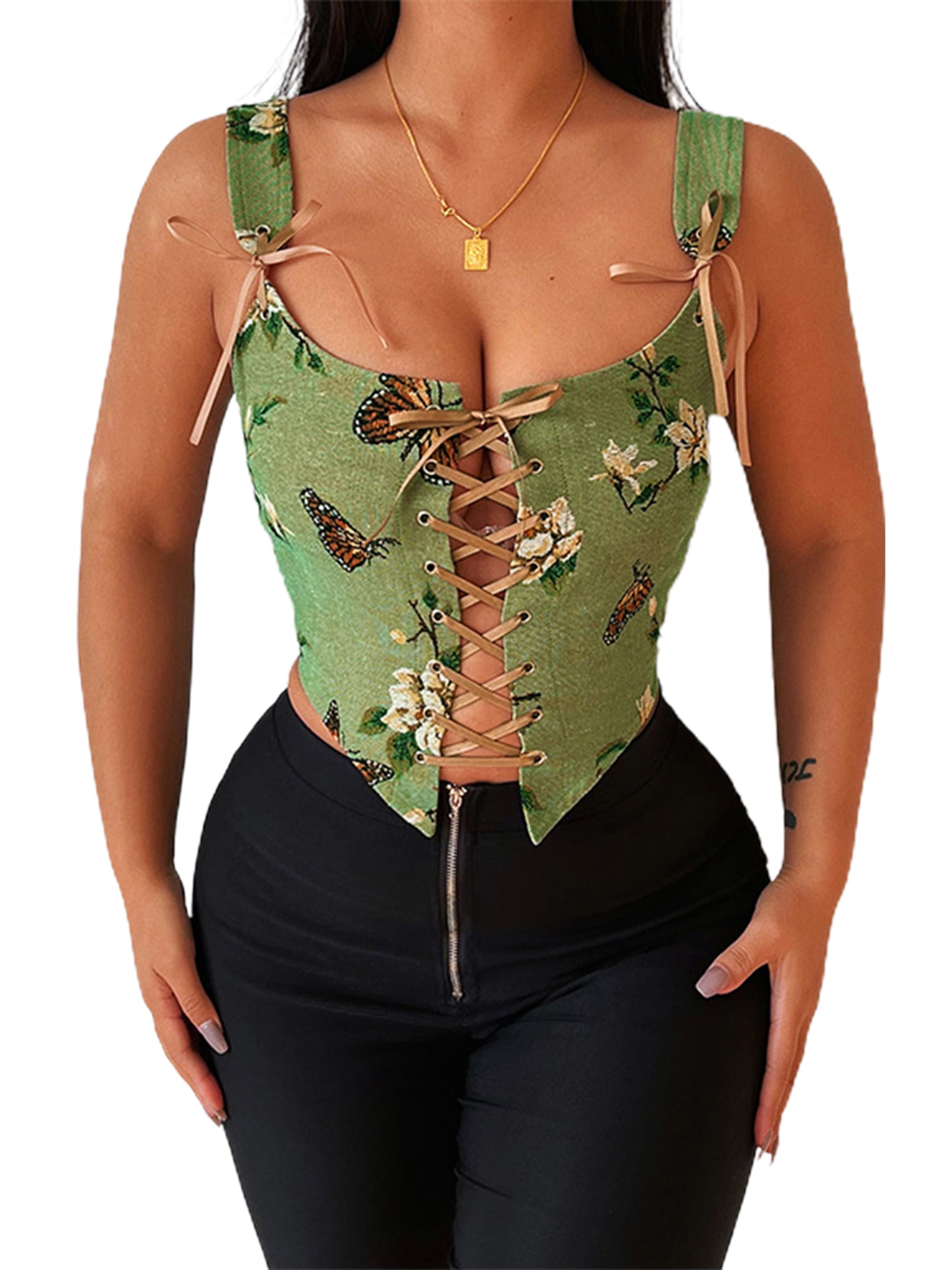 Tsseiatte Women Corset Sleeveless Tank Tops Floral Embroidered Strappy