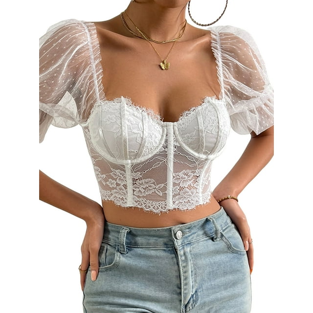 Tsseiatte Women Crop Corset Lace Tops Sheer Summer Basic Short Sleeves