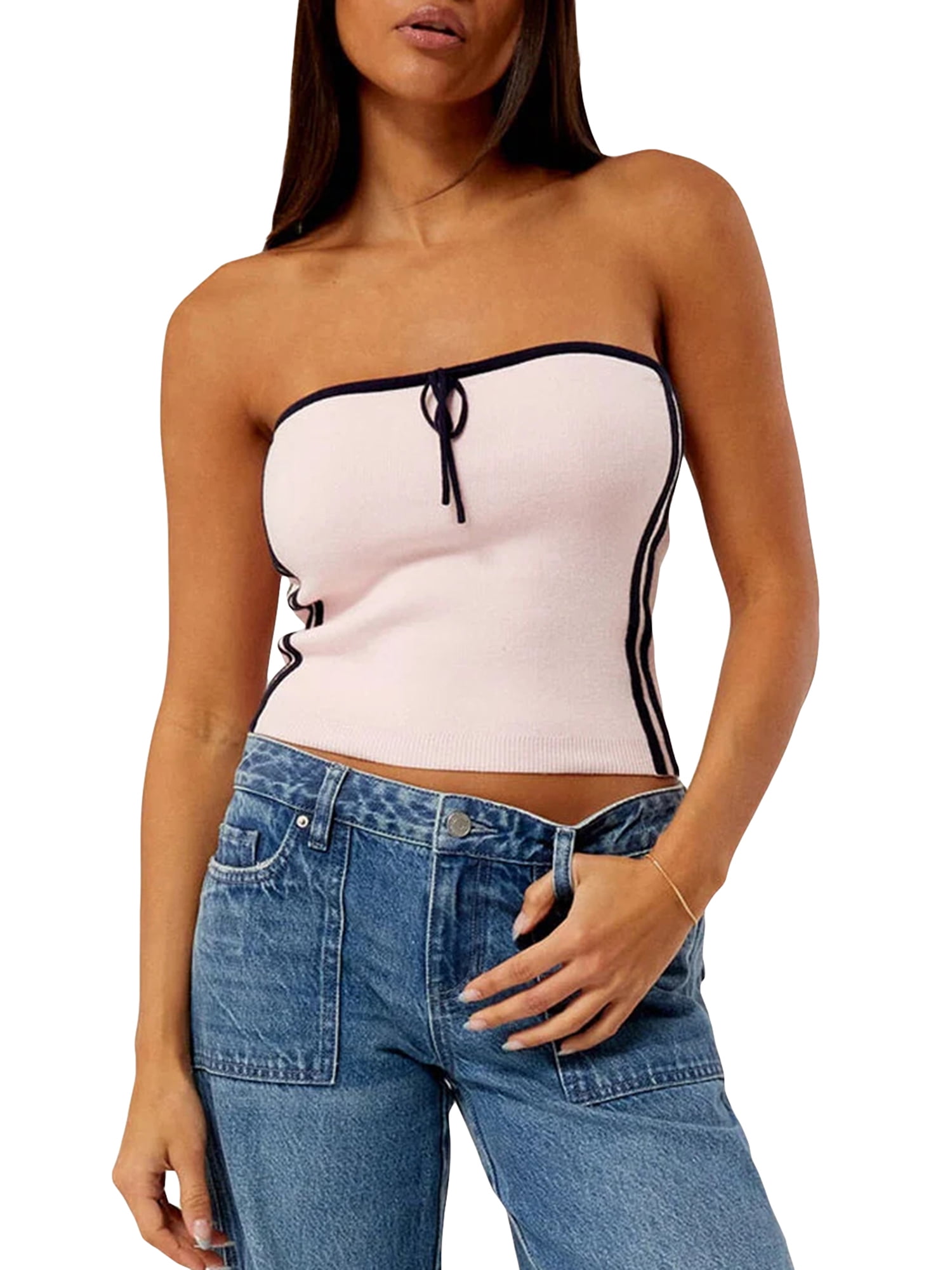 Tsseiatte Women Off Shoulder Knit Tube Tops Drawstring Bandeau Vest