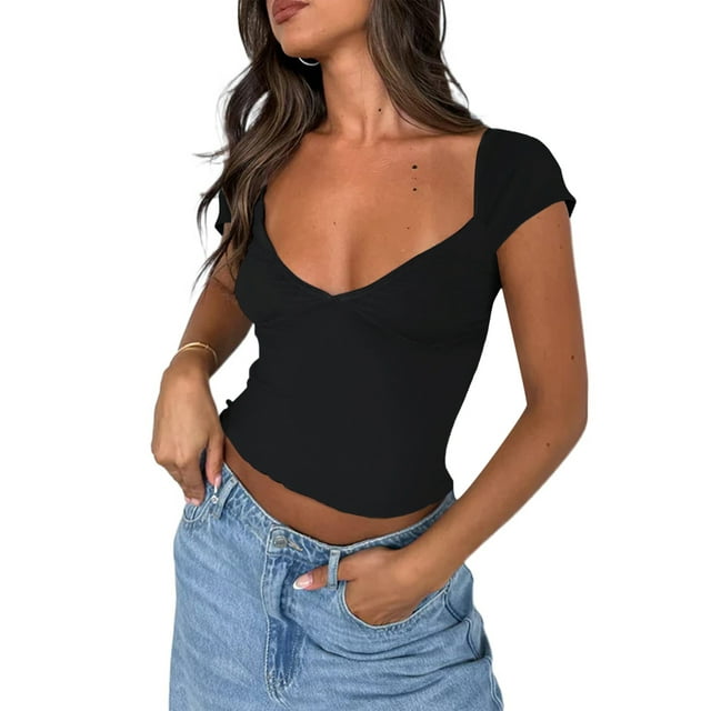 Tsseiatte Women Short Sleeve Crop Tops Solid Color Sweetheart Neckline