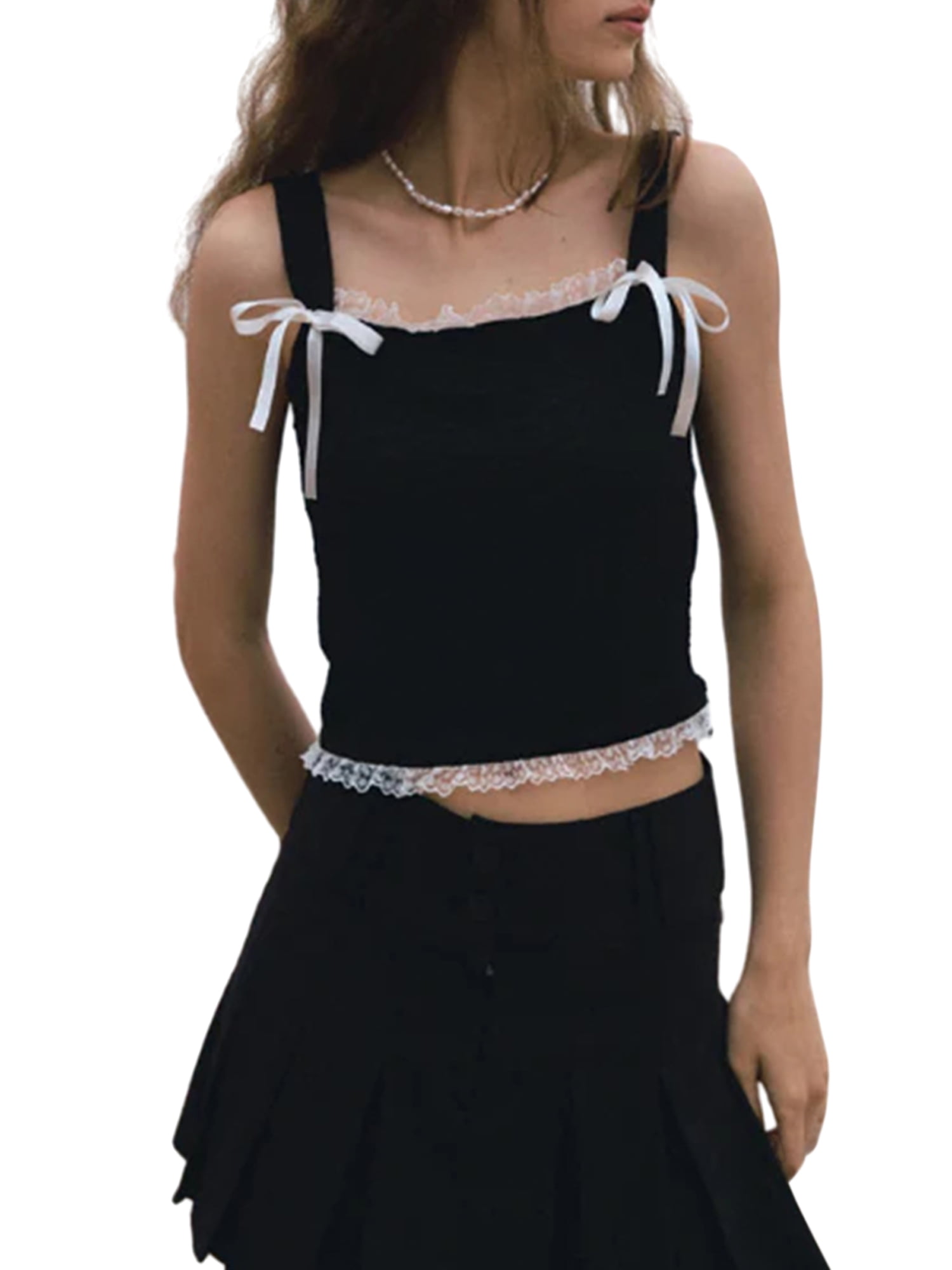 Tsseiatte Women Tank Tops Sleeveless Tops Lace Trim Bows Slim Fit Crop