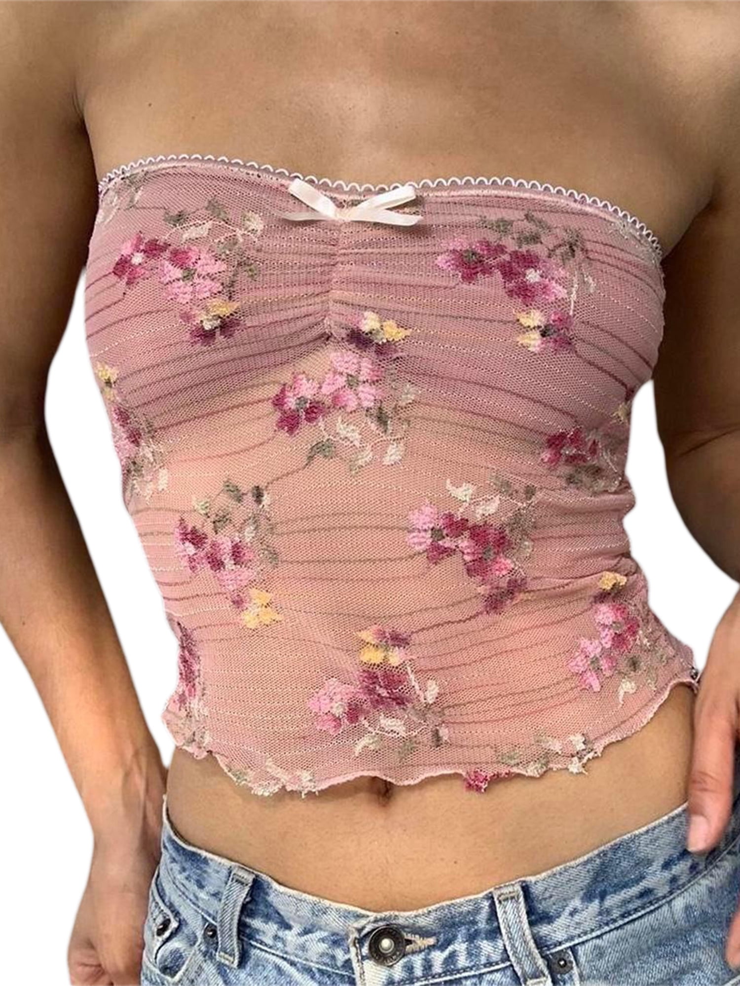 Tsseiatte Women Tube Tops Bandeau Flower Embroidery Strapless Wrap