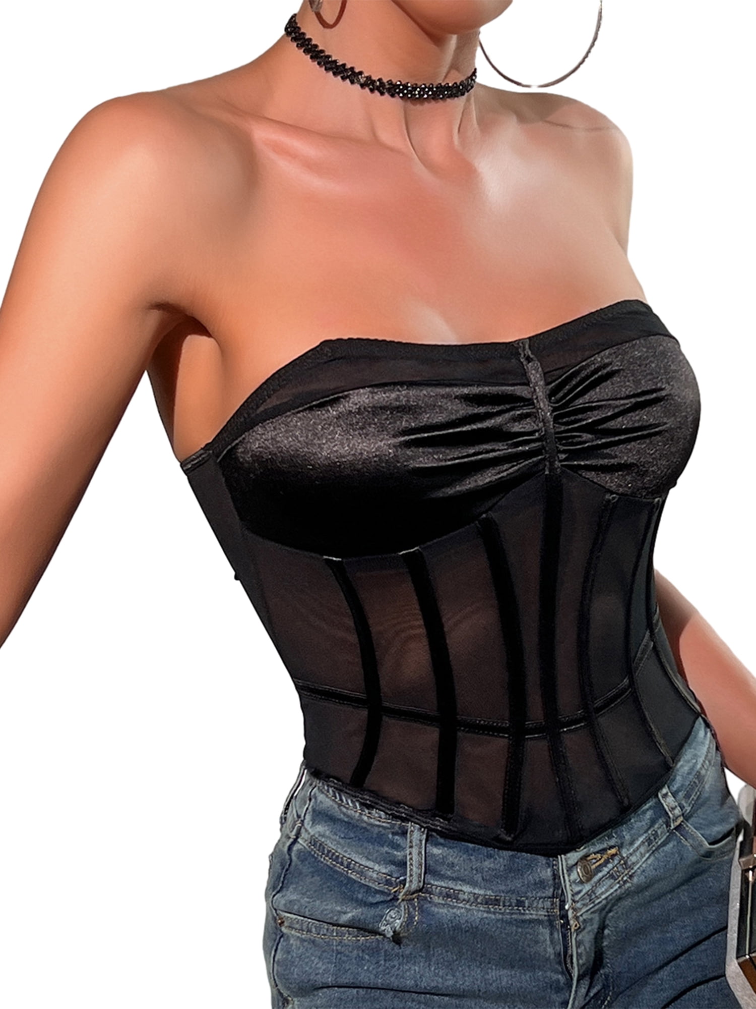 Tsseiatte Women Tube Tops Summer Sheer Mesh Cropped Corset Bandeau