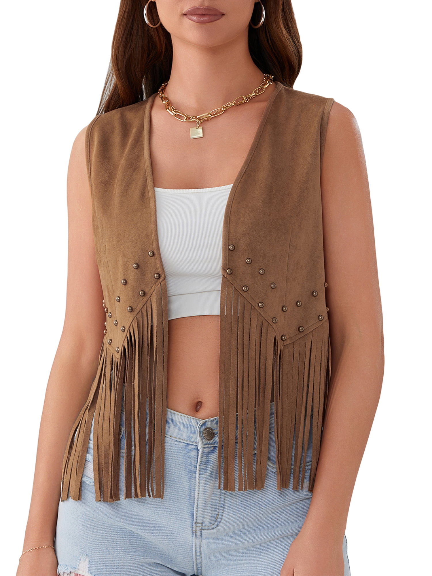 Tsseiatte Women Vest, Sleeveless Open Front Riveted Tasseled Outwear ...