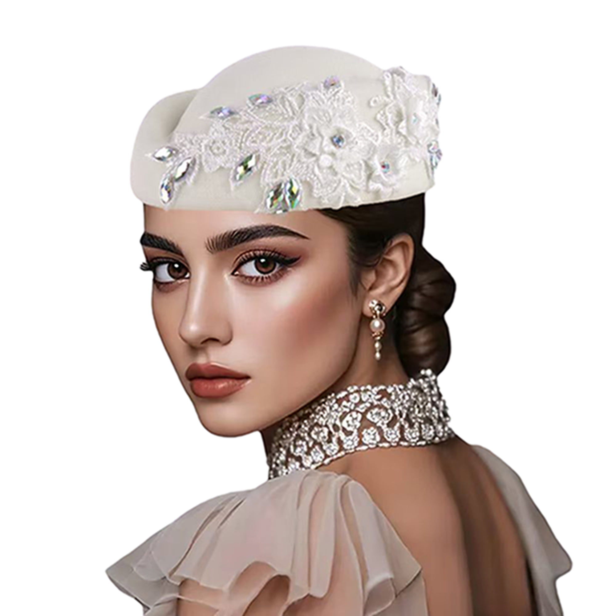 Tsseiatte Women Vintage Church Hats Crystal Flower Applique Felt ...