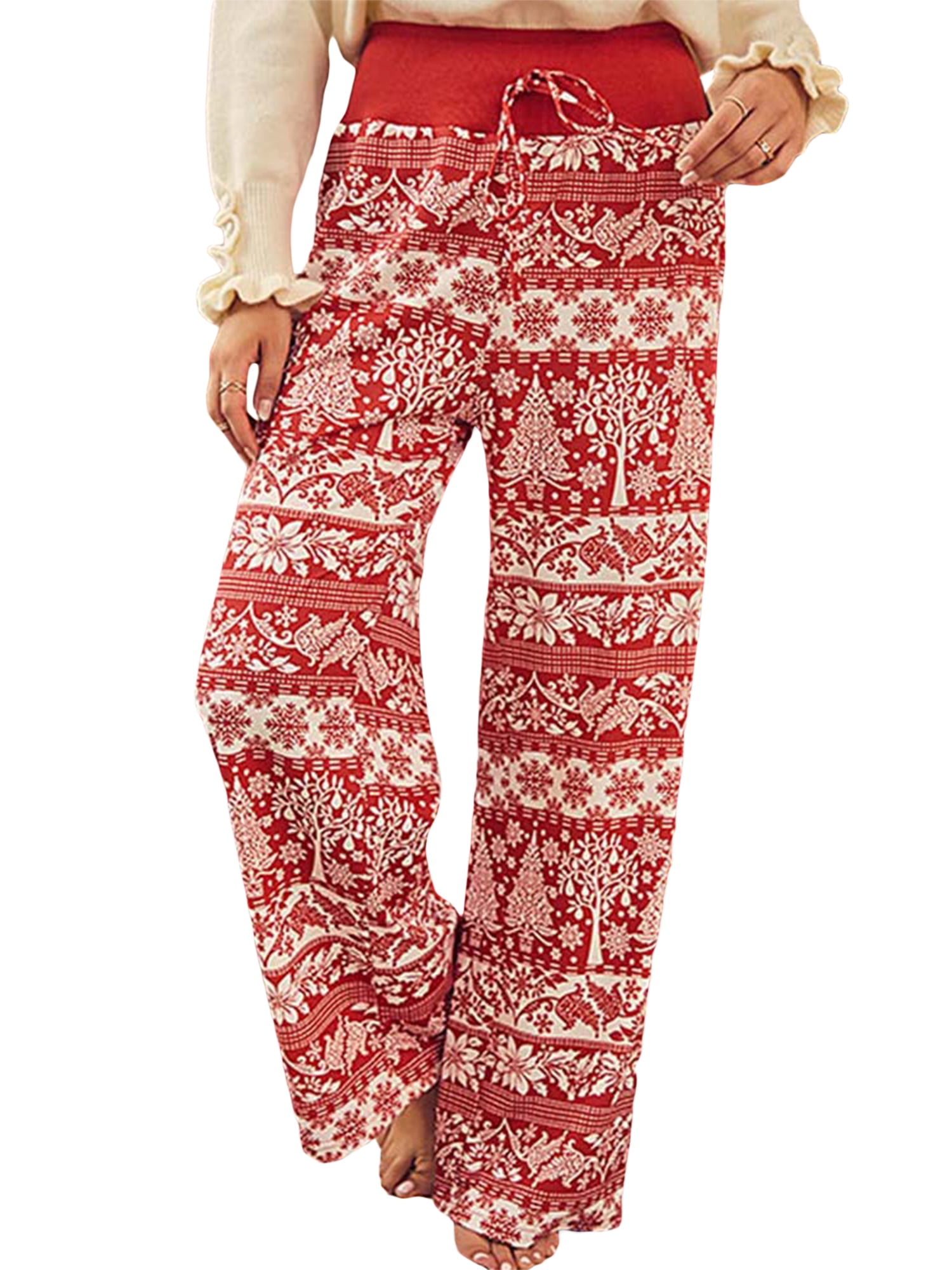 Tsseiatte Womens Christmas Pajama Pants Elastic High Waist Wide Leg