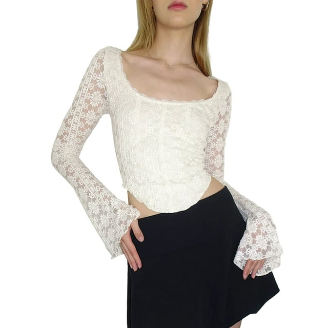 Tsseiatte Womens Lace Crop Tops Long Sleeve Scoop Neck Curved Hem