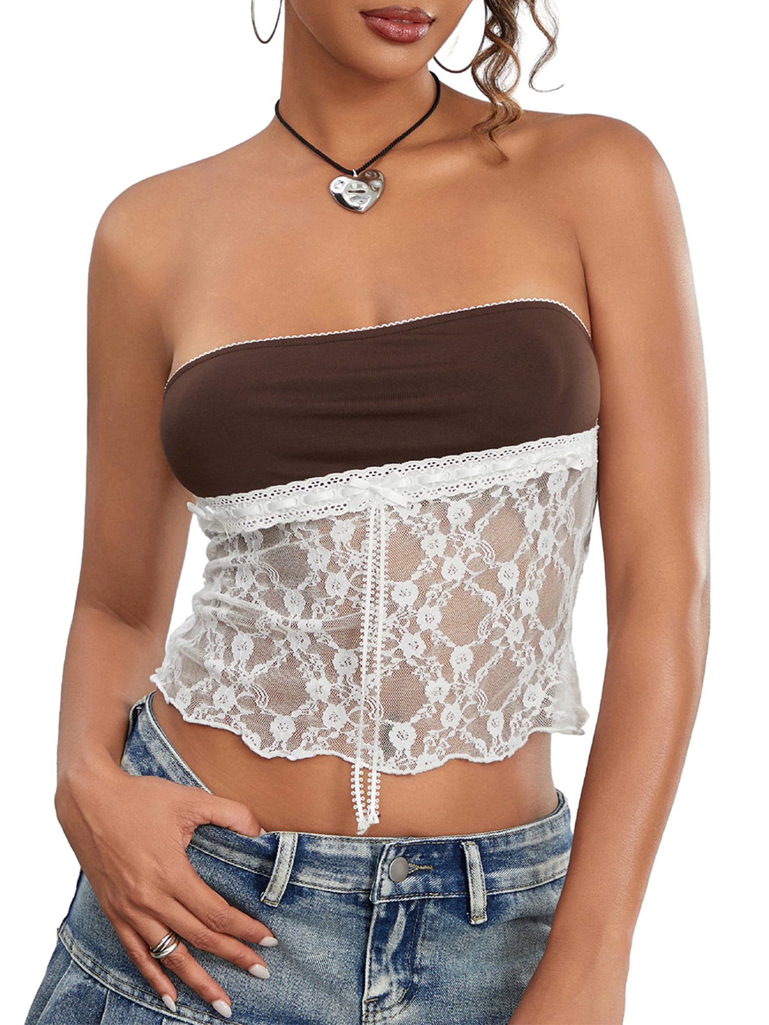 Tsseiatte Womens Lace Tube Tops Summer Strapless Contrast Color