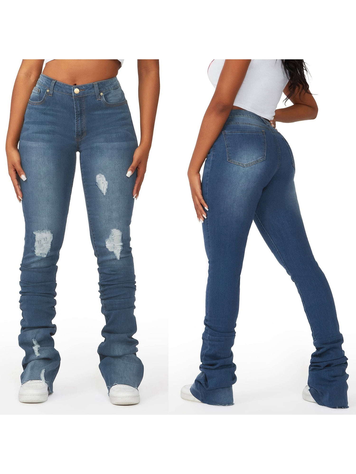 Tsseiatte Women’s Ripped Stacked Jeans Fashion High Rise Solid Color ...