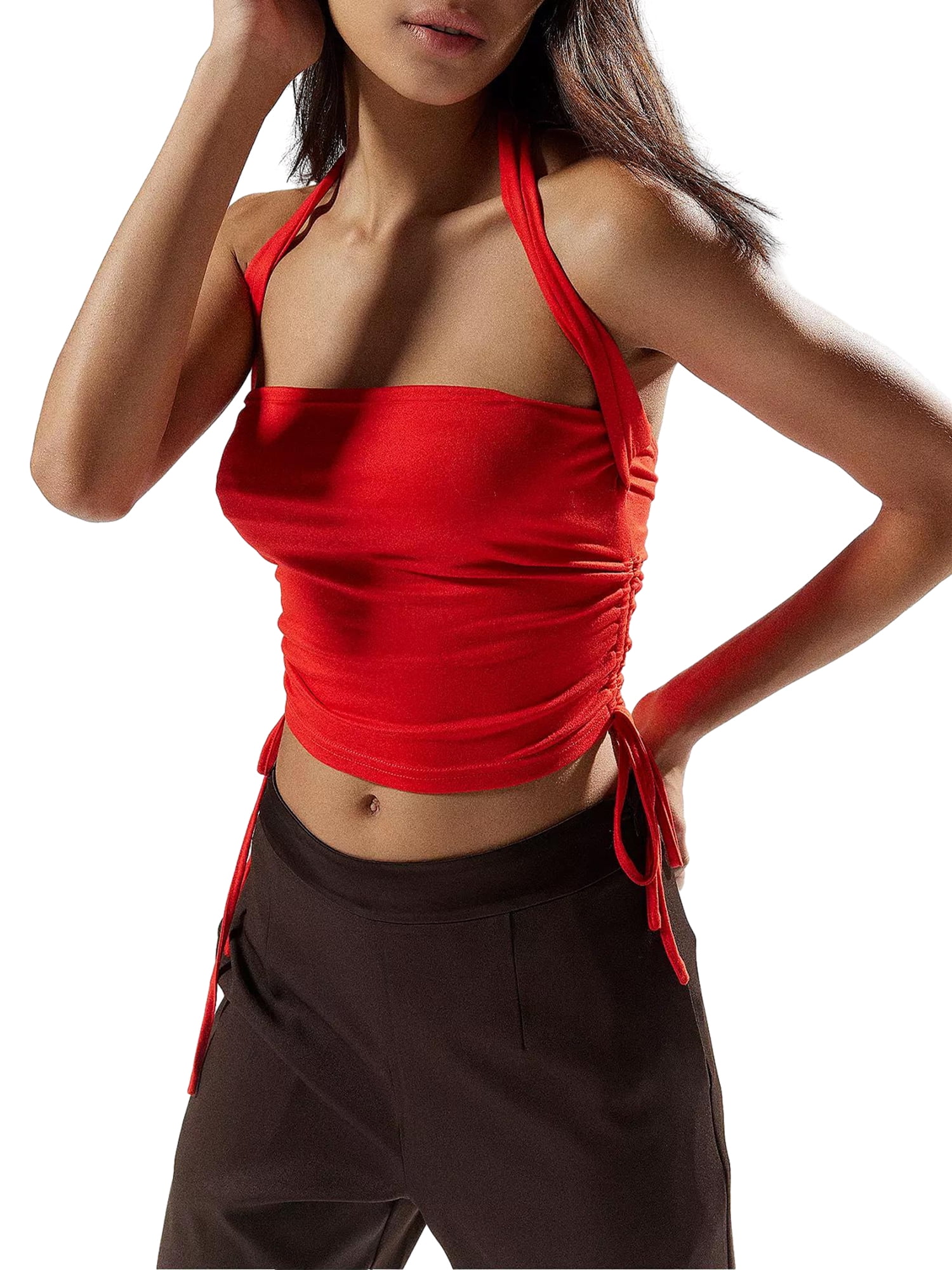 Tsseiatte Womens Summer Halter Tank Tops Solid Color Side Drawstring
