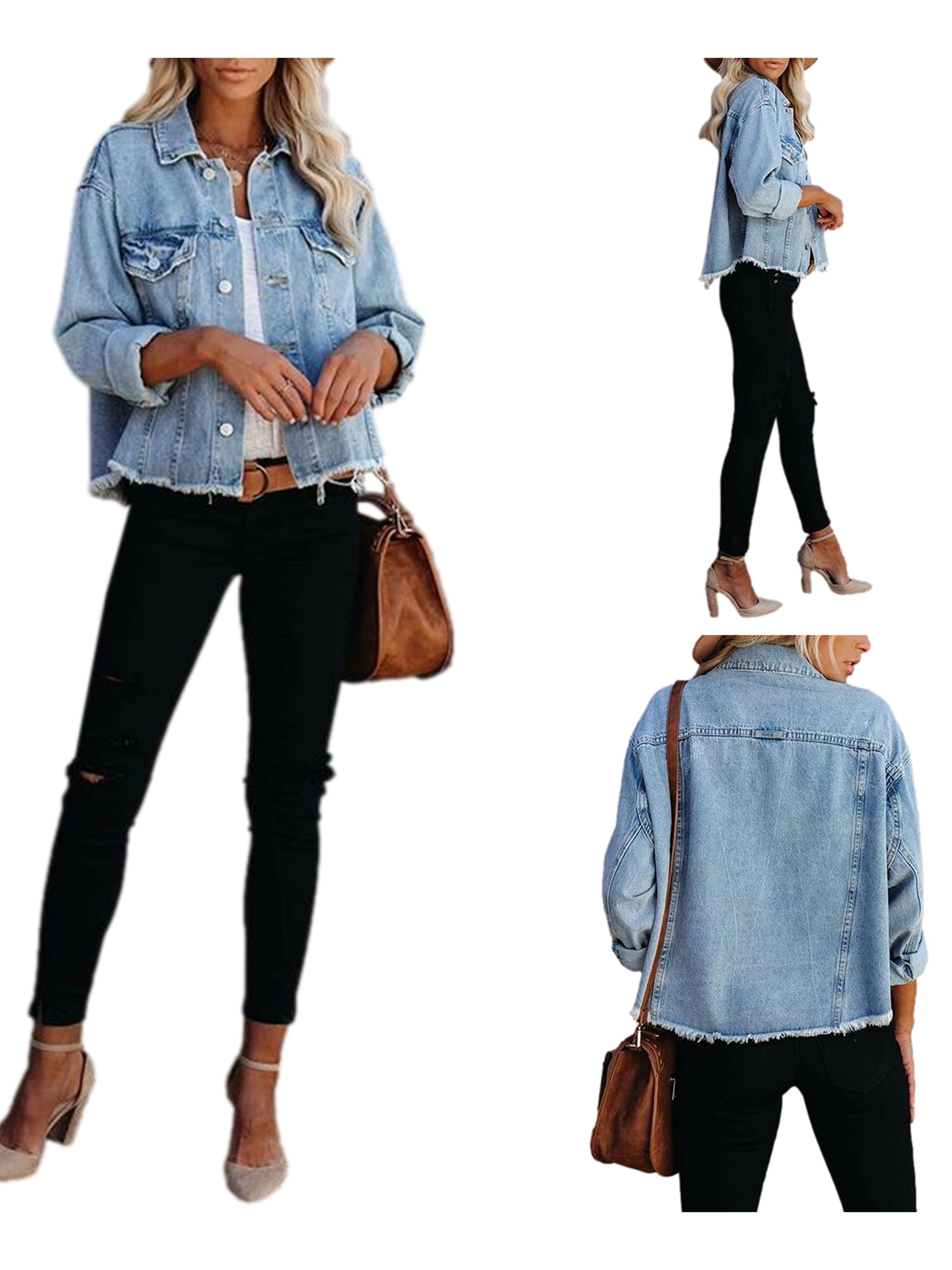 Tsseiatte Women's Washed Denim Jacket, Long Sleeve Button Down Loose ...