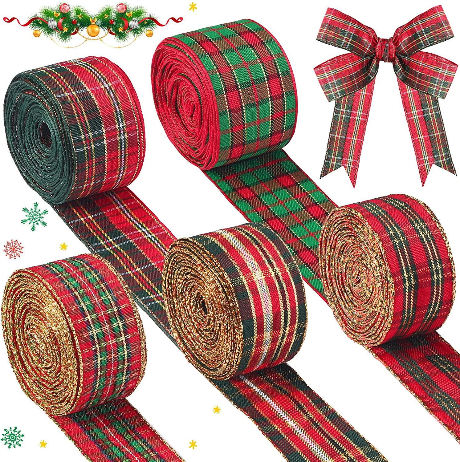 Tssuoun 5-Pack, 30 Yards Christmas Red Plaid Ribbon, Wired Edge for DIY ...