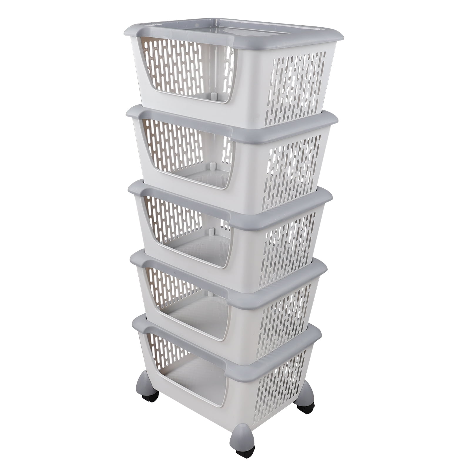 Tstorage 5-tier Stacking Storage Basket Tower with Wheels, Plastic Open ...