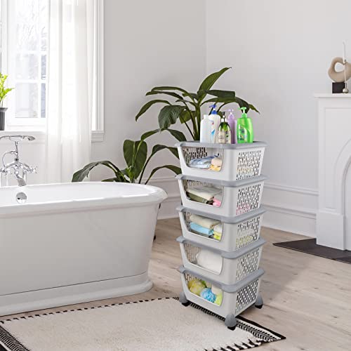 Tstorage 5-tier Stacking Storage Basket Tower with Wheels, Plastic Open ...