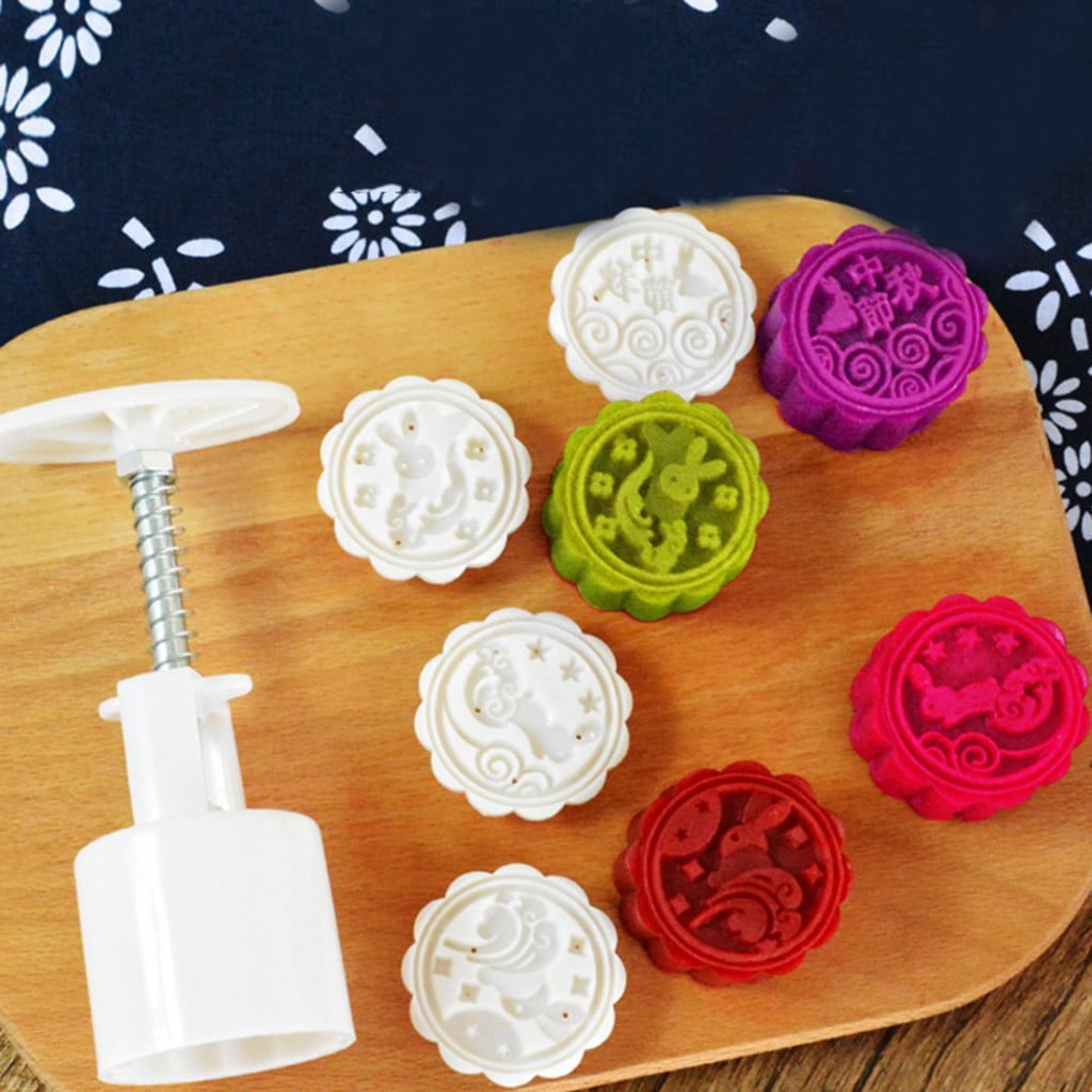 Tswift Mid-Autumn Rabbit Mooncake Press Mold, 4-Piece Abs Flower Cookie ...