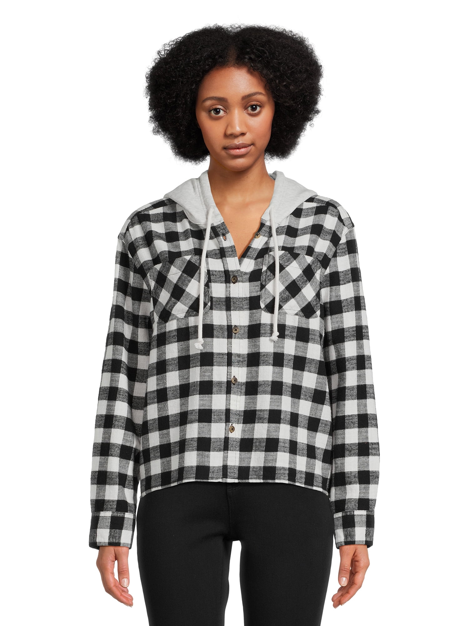 Time and Tru Women's Hooded Crop Flannel Shirt, Sizes XS-XXXL - Walmart.com