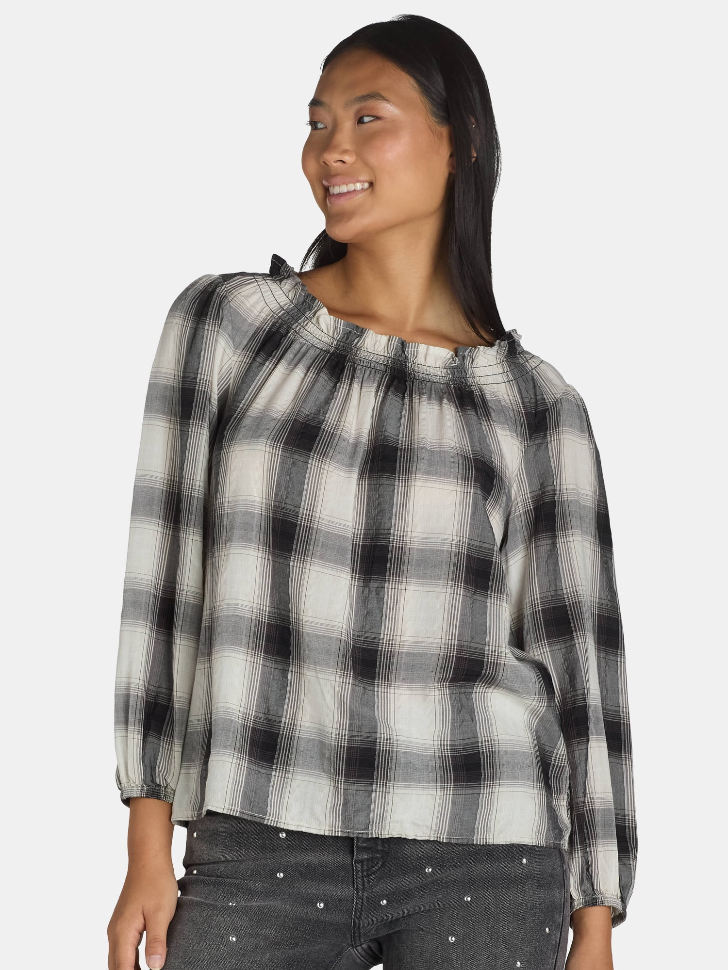 Time And Tru Women's Ruffle Neck Blouse, Sizes S-XXXL - Walmart.com