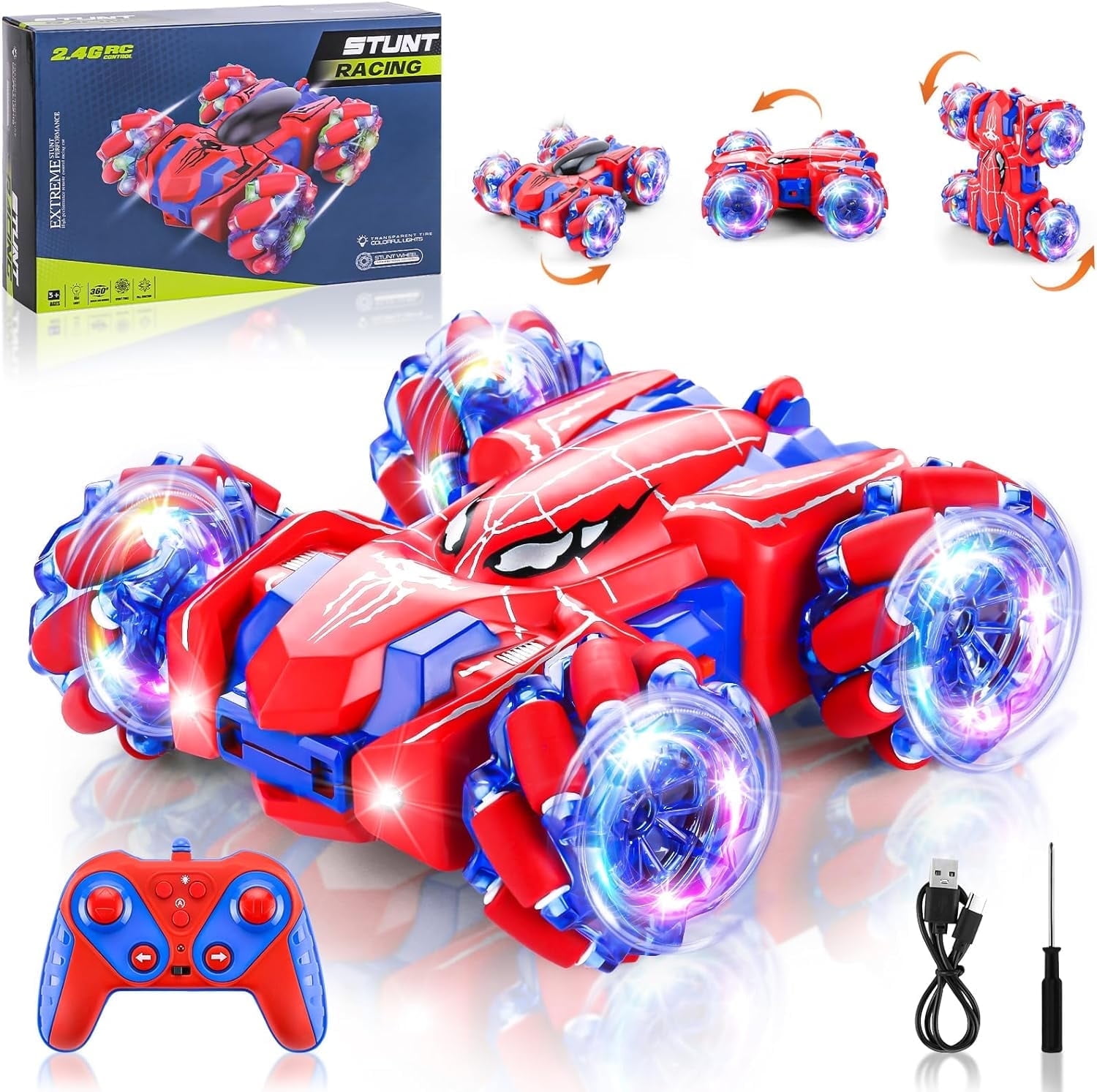 TuKIIE Spider Remote Control Car with LED Lights, 2.4GHz Rechargeable RC Stunt Cars, 360 ...