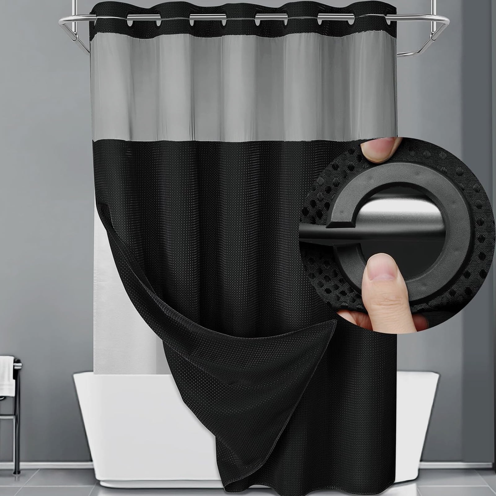 TuKang No Hook Shower Curtain with Snap in Fabric Liner Set, Black ...