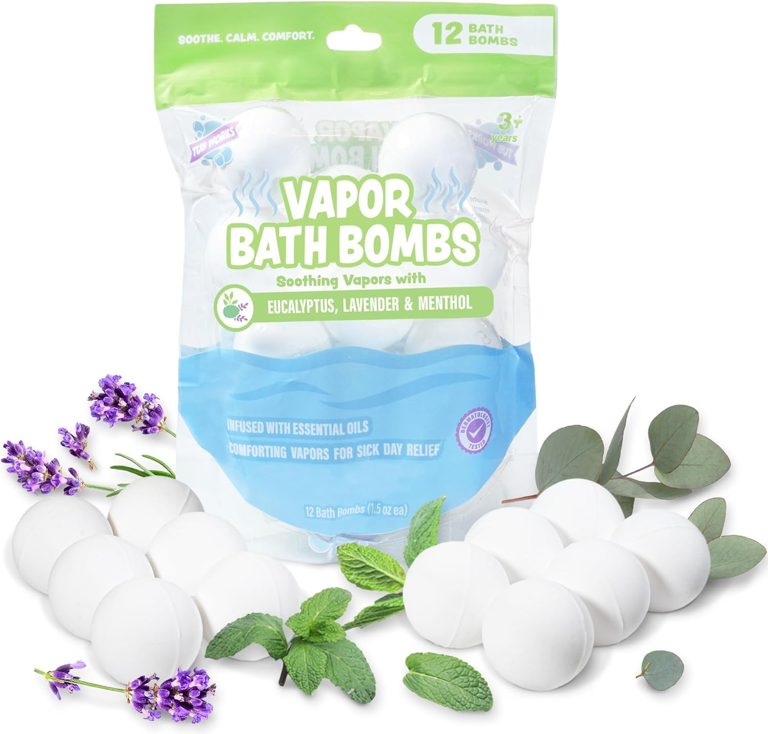 Tub Works Aromatherapy Vapor Bath Bombs 12 Pack Calming Eucalyptus with ...