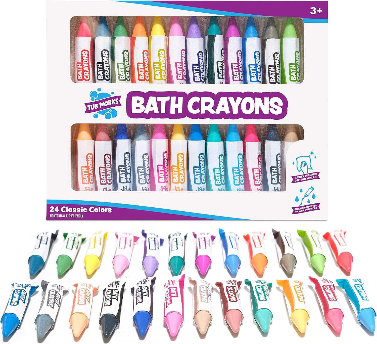 Tub Works Bath Crayons Bath Toy, 24 Pack, Washable Bathtub Crayons, Hexagon Grip for Toddlers ...
