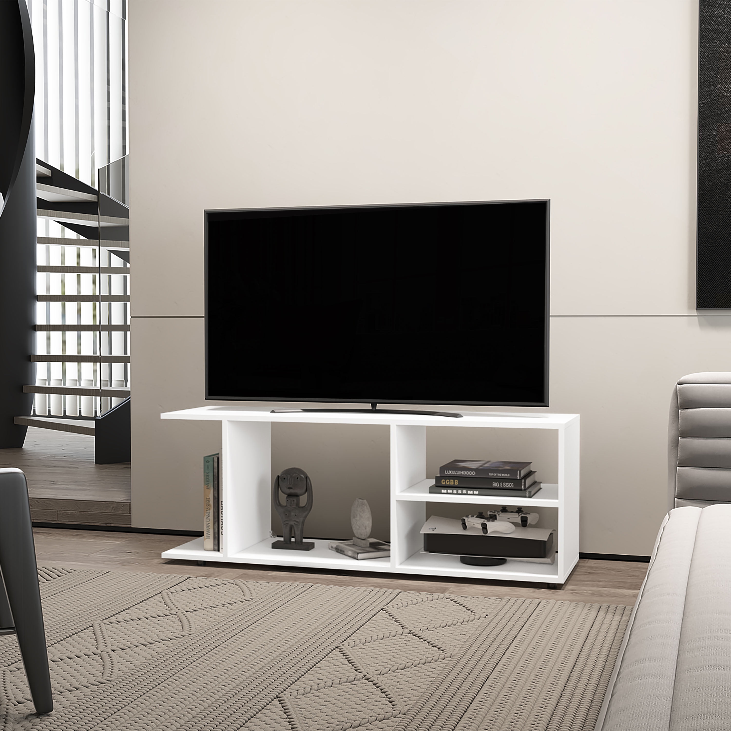 Entertainment Center Tubac TV Rack in Melamine with Open Storage, White ...