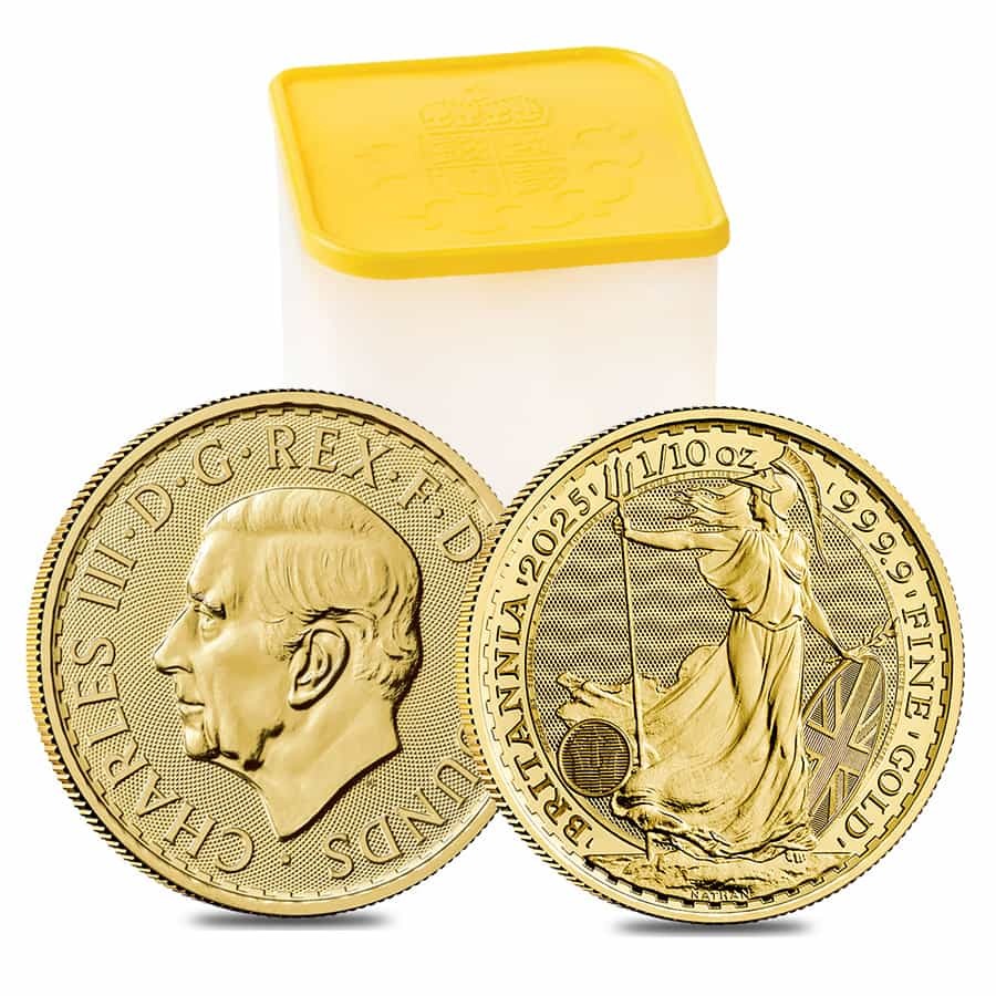 Tube of 25 - 2025 Great Britain 1/10 oz Gold Britannia Coin BU ...