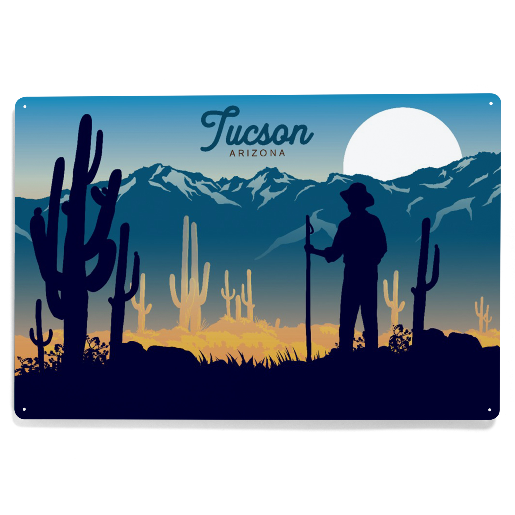Tucson, Arizona, Go Explore, Hiker and Desert, Sunset (12x18 Aluminum ...