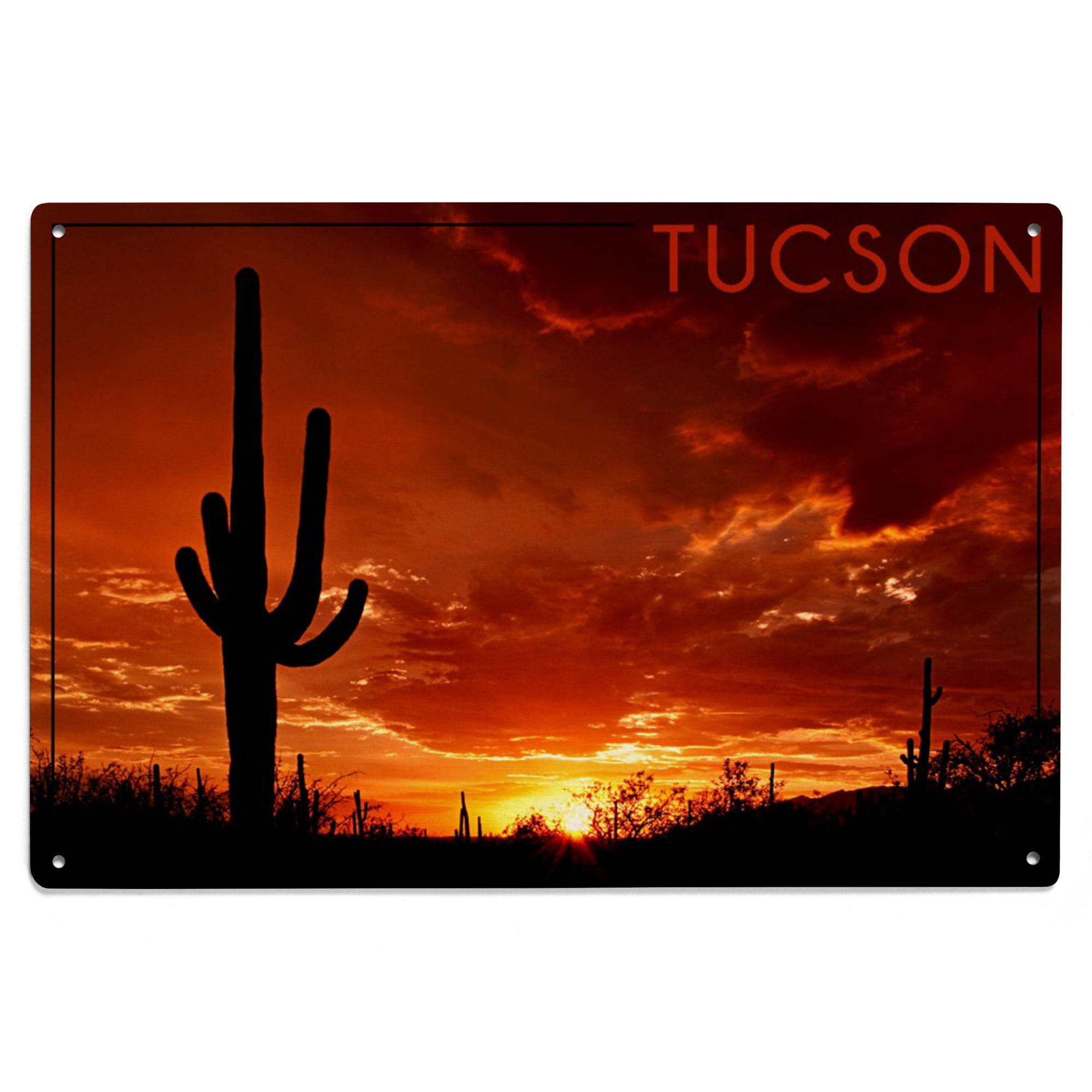 Tucson, Arizona, Sunset and Cactus, Photograph Birch Wood Wall Sign ...