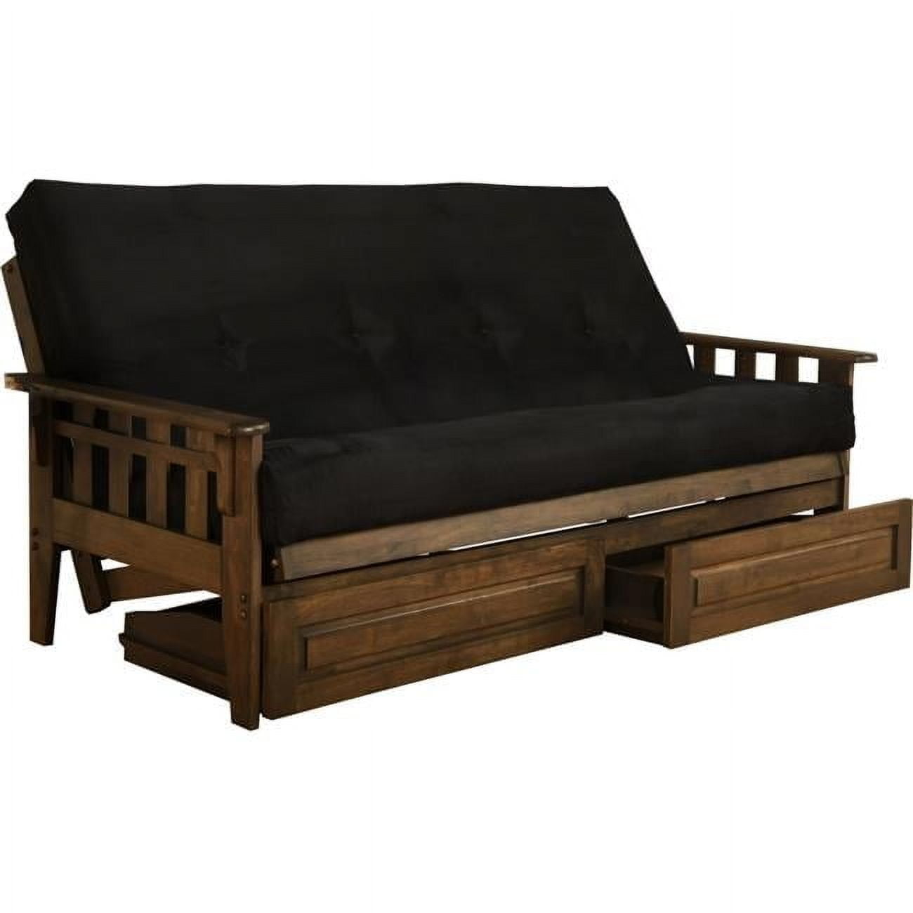 Tucson Rustic Walnut Futon Frame with Suede Black Mattress & Storage ...
