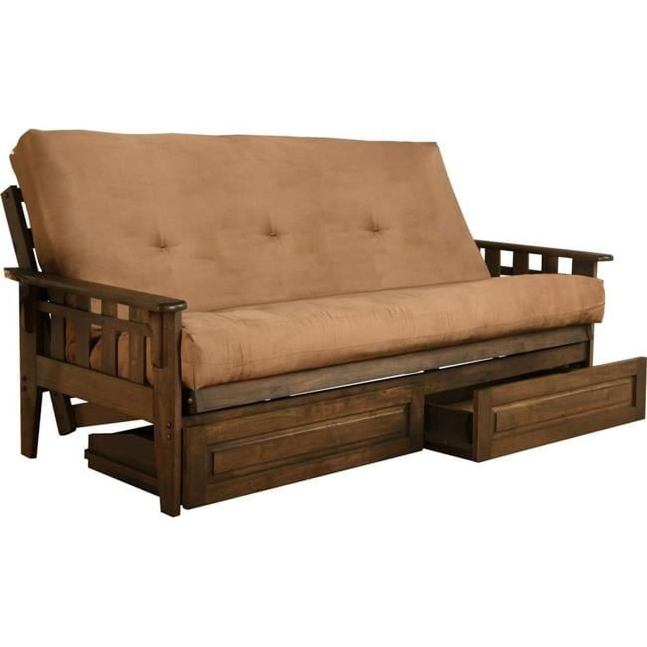 Tucson Rustic Walnut Futon Frame with Suede Peat Mattress & Storage ...
