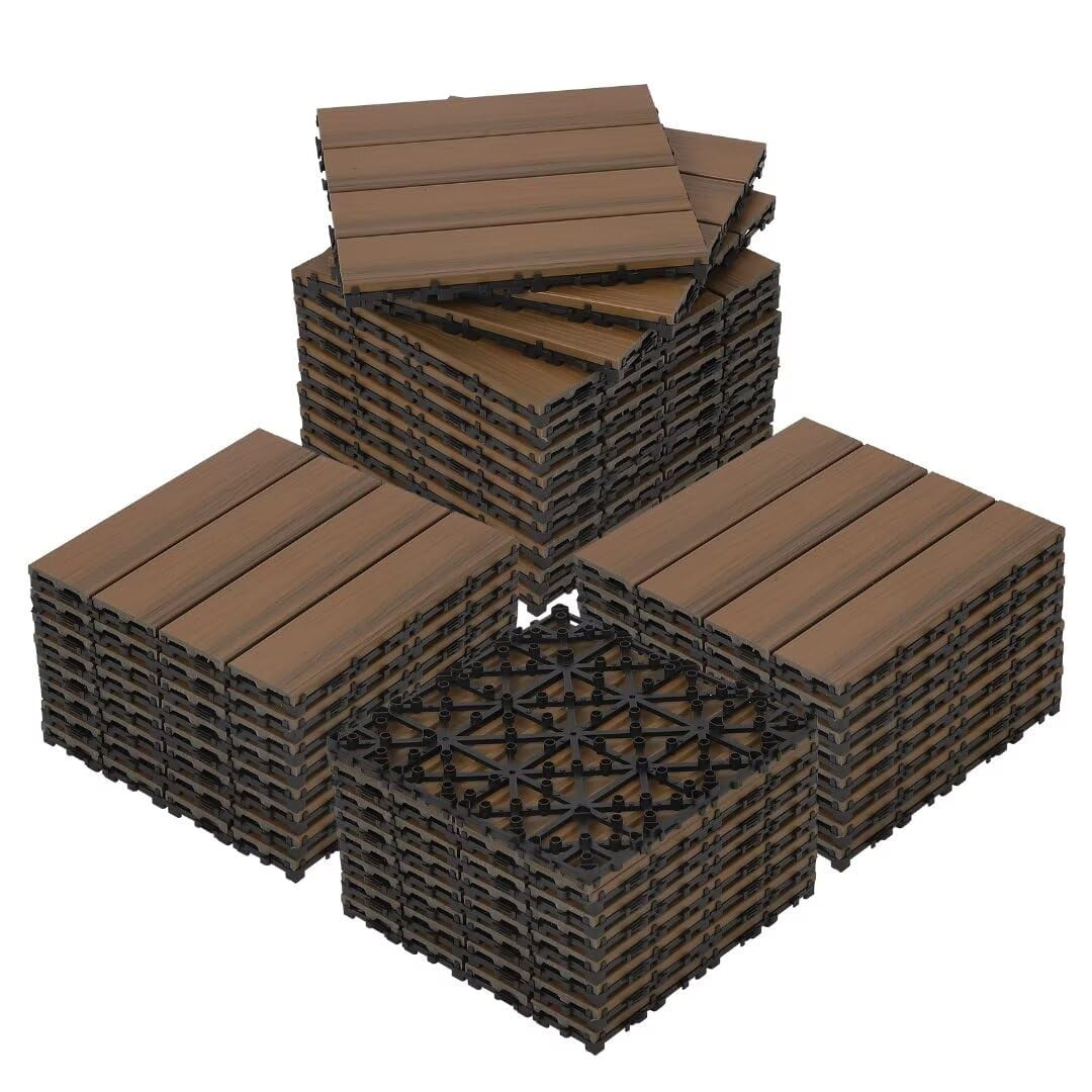 Tuekys 18 Pack 12"x12" Co-extruded Wood Plastic Interlocking Deck Tiles ...
