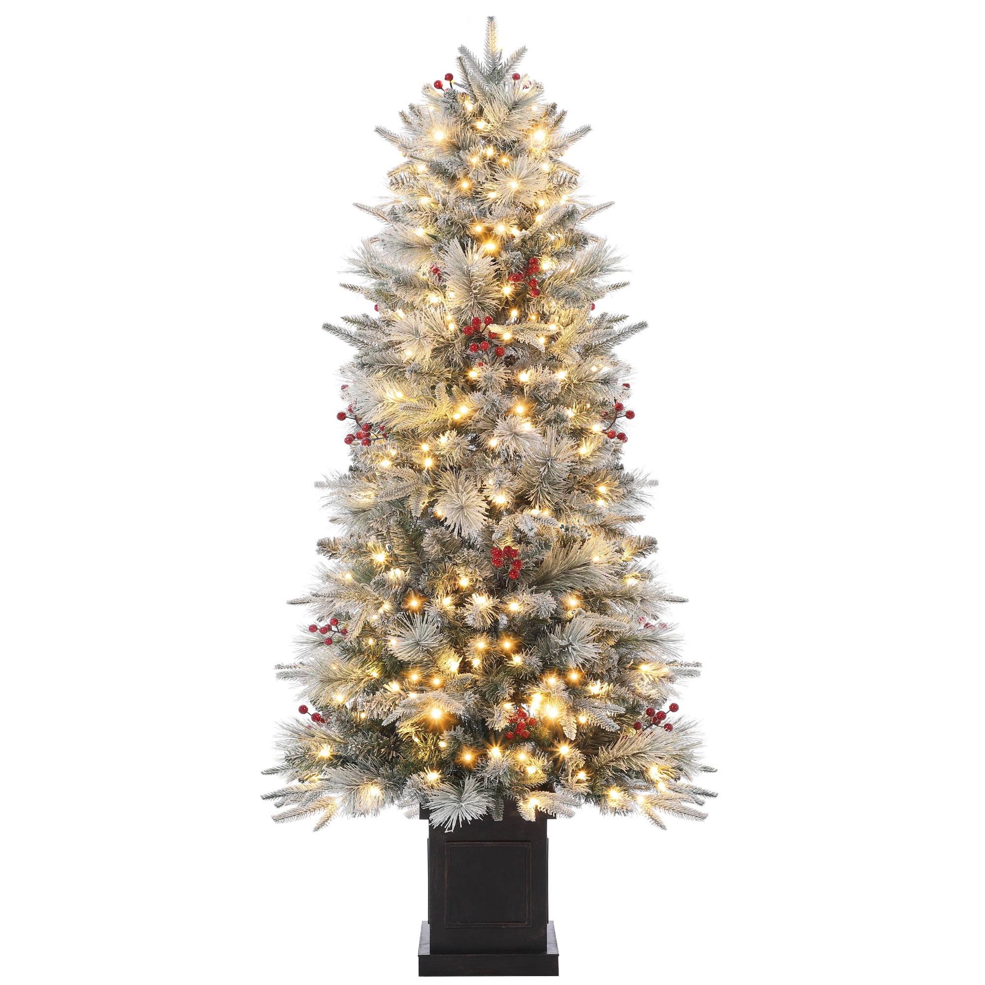 Tuekys 4.5ft Potted Pre-Lit Christmas Tree Artificial Snow Flocked Pine ...