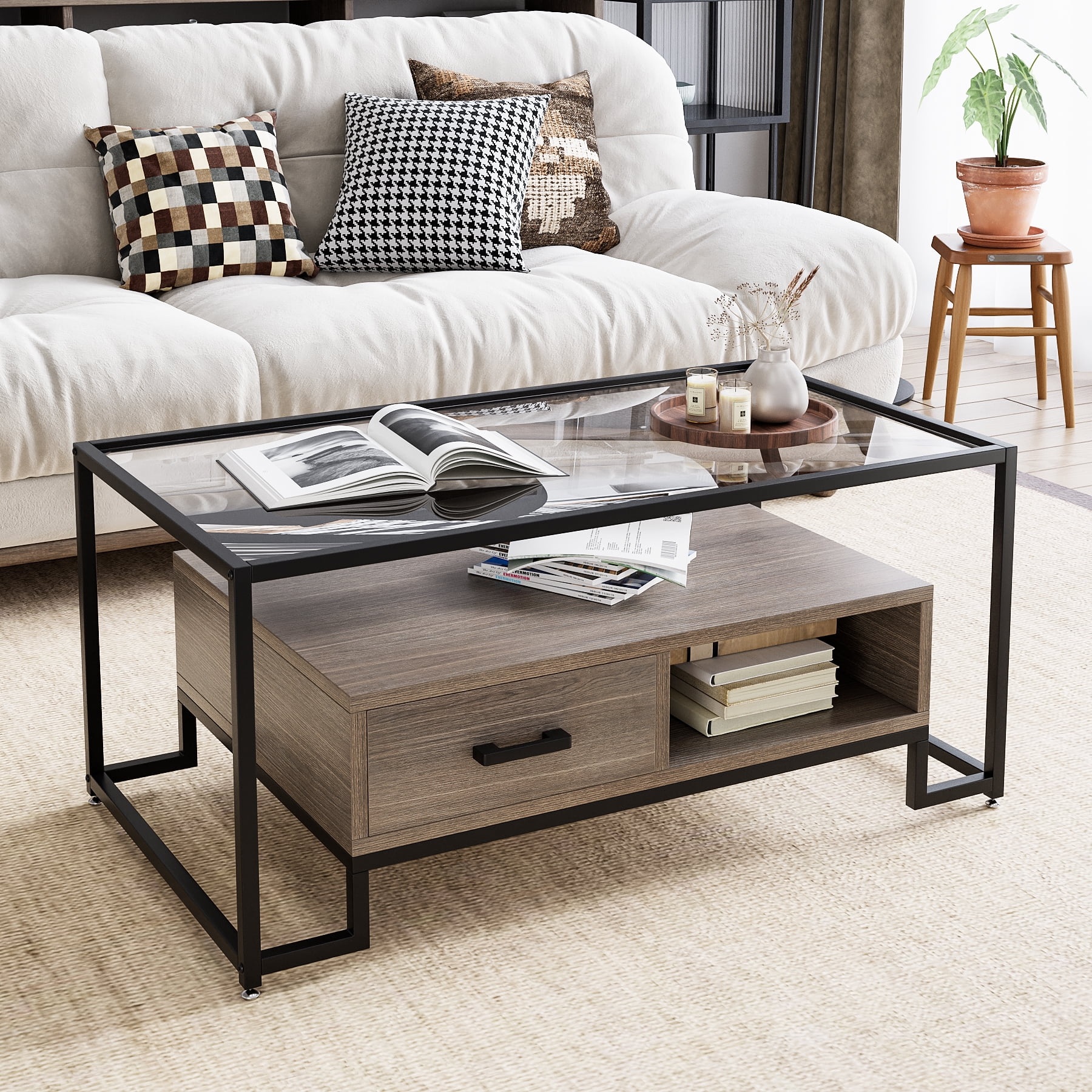 Tuekys 42 Inch Coffee Table with 2 Drawers and Storage Shelf for Home ...