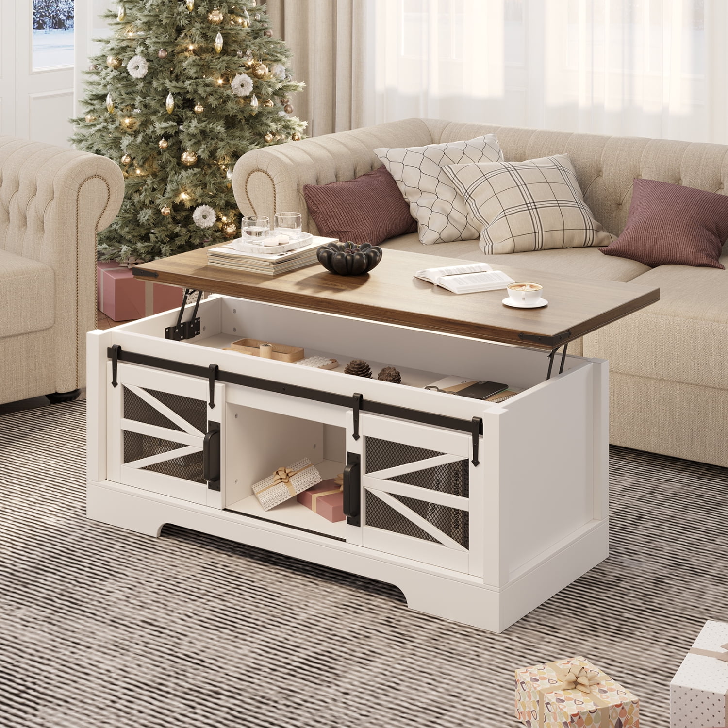Tuekys 48 Inch Lift Coffee Table with Storage & Sliding Barn Doors ...