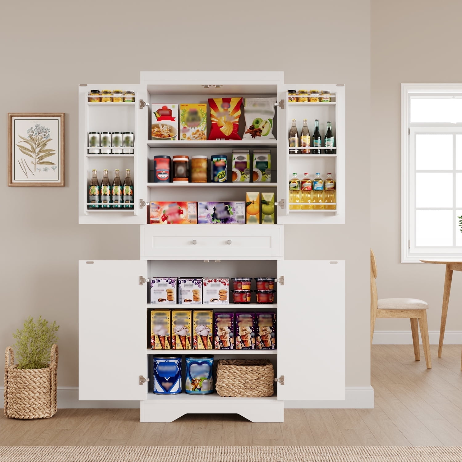 Tuekys 72-Inch Tall Kitchen Pantry Cabinet with 4 Doors and 1 Drawer ...