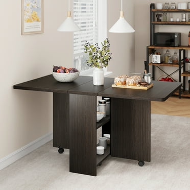 Folding Dining Table with Drop Leaf and 2 Storage Shelf, Collapsible ...