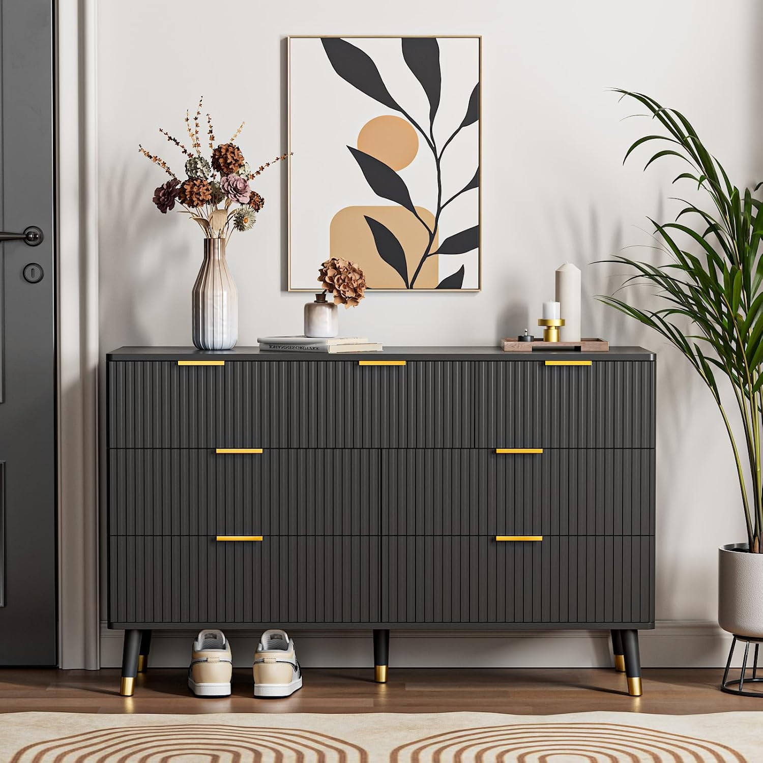 Tuekys Hallway Dresser with 7 Drawer , Fluted Cabinet with Curved ...