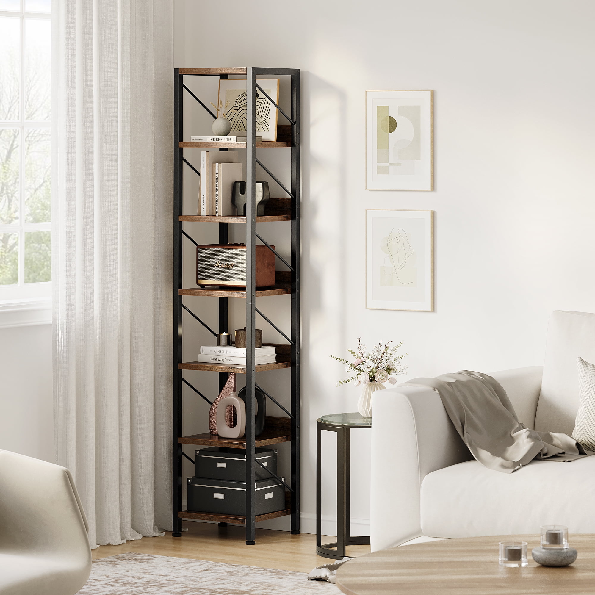 Tuekys Narrow Bookshelf Tall Skinny Bookcase 6 Tier Storage Rack Rustic Corner Shelf Metal Frame Small Freestanding Bookshelves Industrial Display Stand for Bedroom Living Room Home Office Walmart