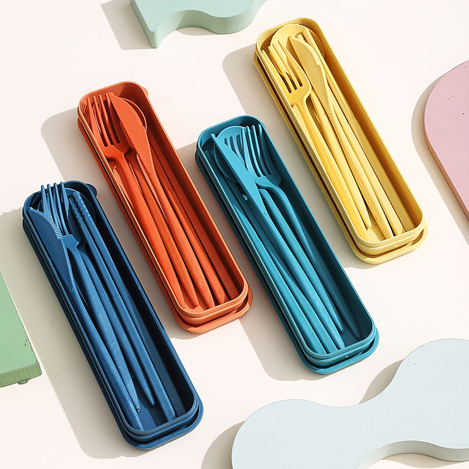 Tuelaly 4Pcs/Set Reusable Portable Plastic Cutlery Set with Storage Box Students Spoon Fork ...