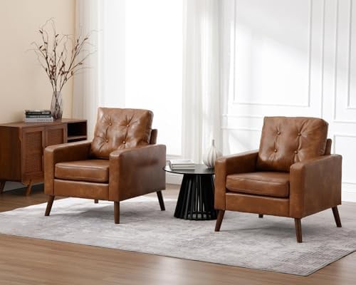 Tufted Accent Arm Chairs with Wood Legs, Faux PU Leather Comfy ...