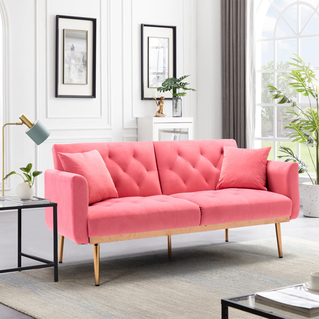 Tufted Accent Sofa with 2 Pillows and Rose Gold Metal Feet, Upholstered ...