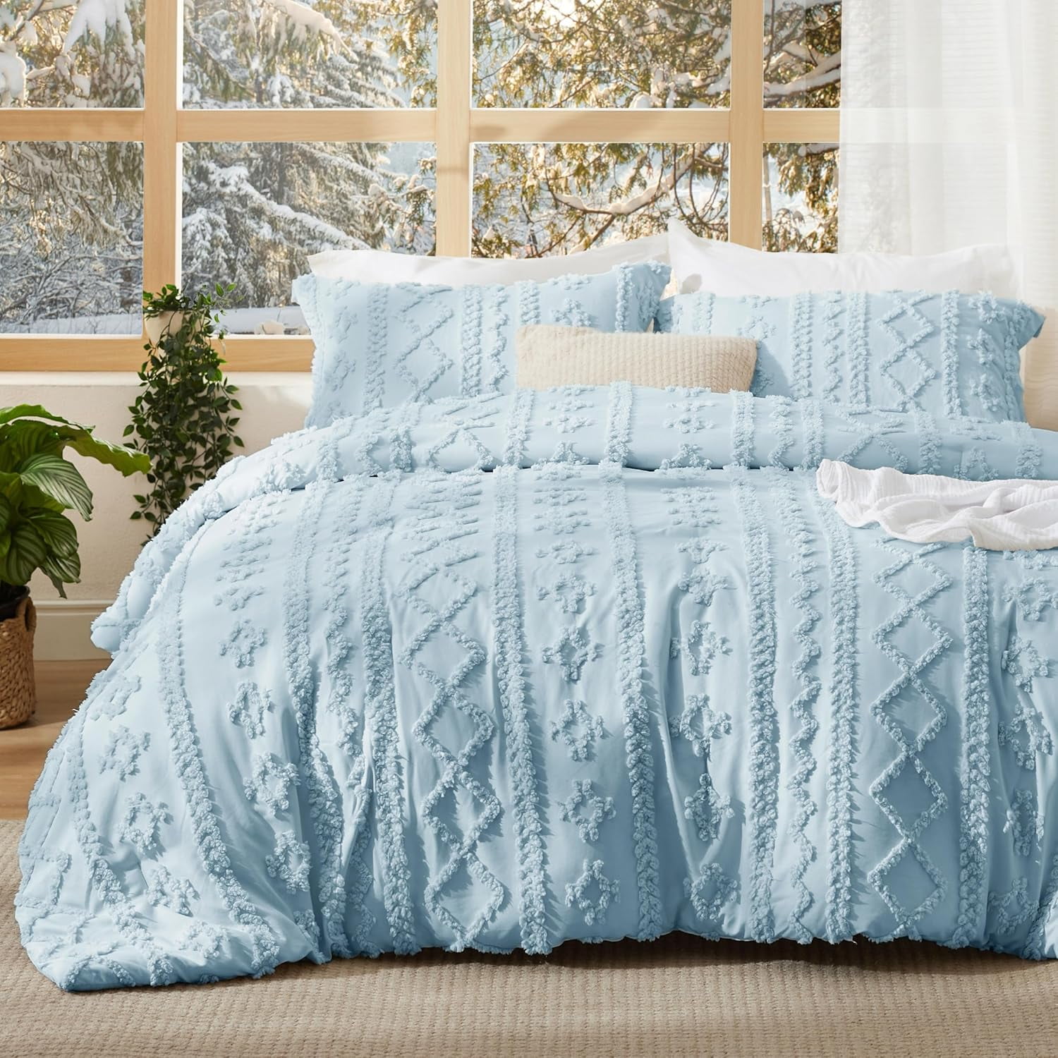 Tufted Boho Comforter Set Full Size - Dusty Blue Boho Bed Set ...