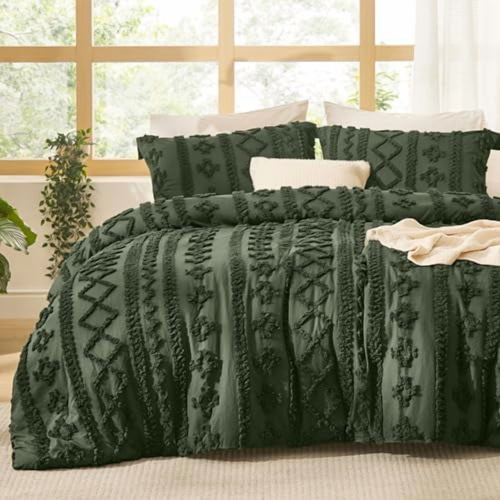 Tufted Boho Comforter Set King Size - Olive Green Boho Bed Set ...